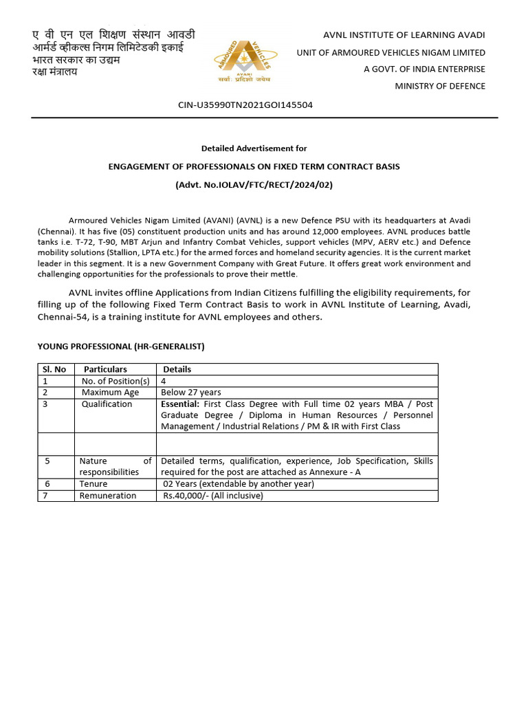 AVNL Notification Application Form | PDF | Human Resource Management ...