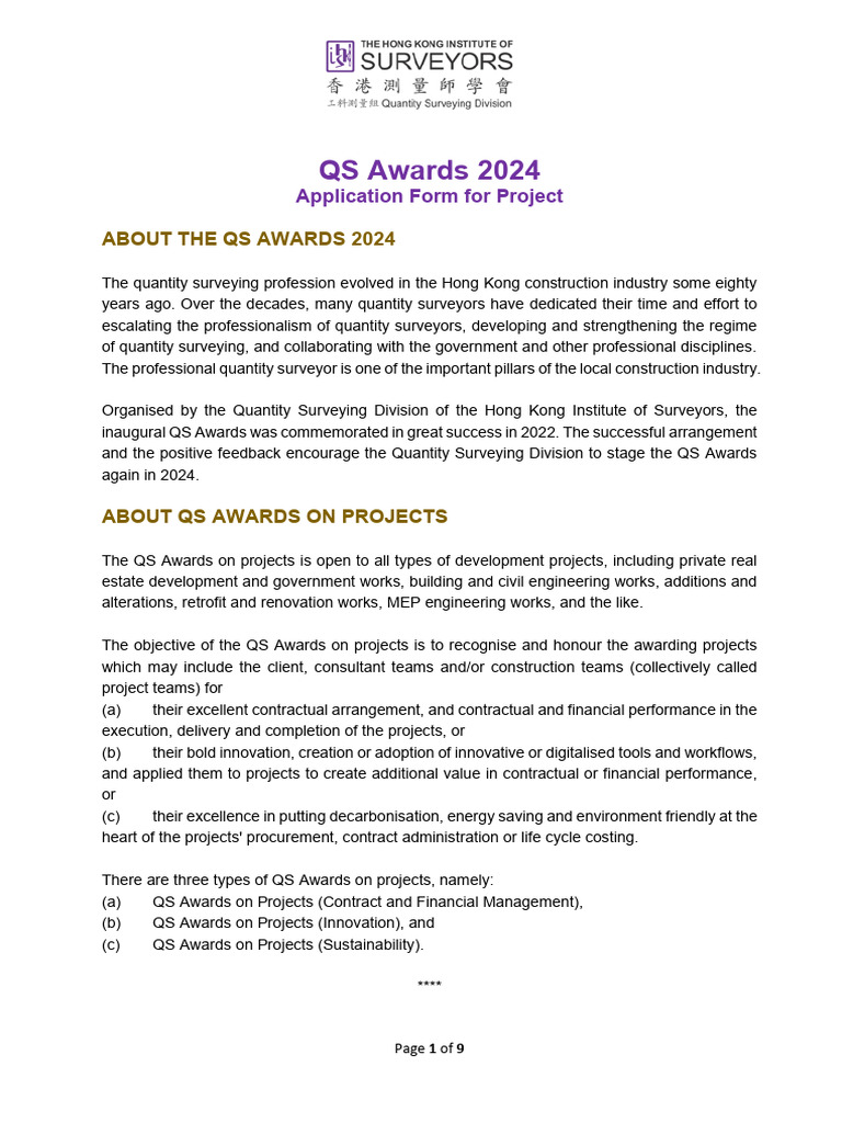 QS Awards 2024 - Entry Form For Project - Final | PDF | Surveying