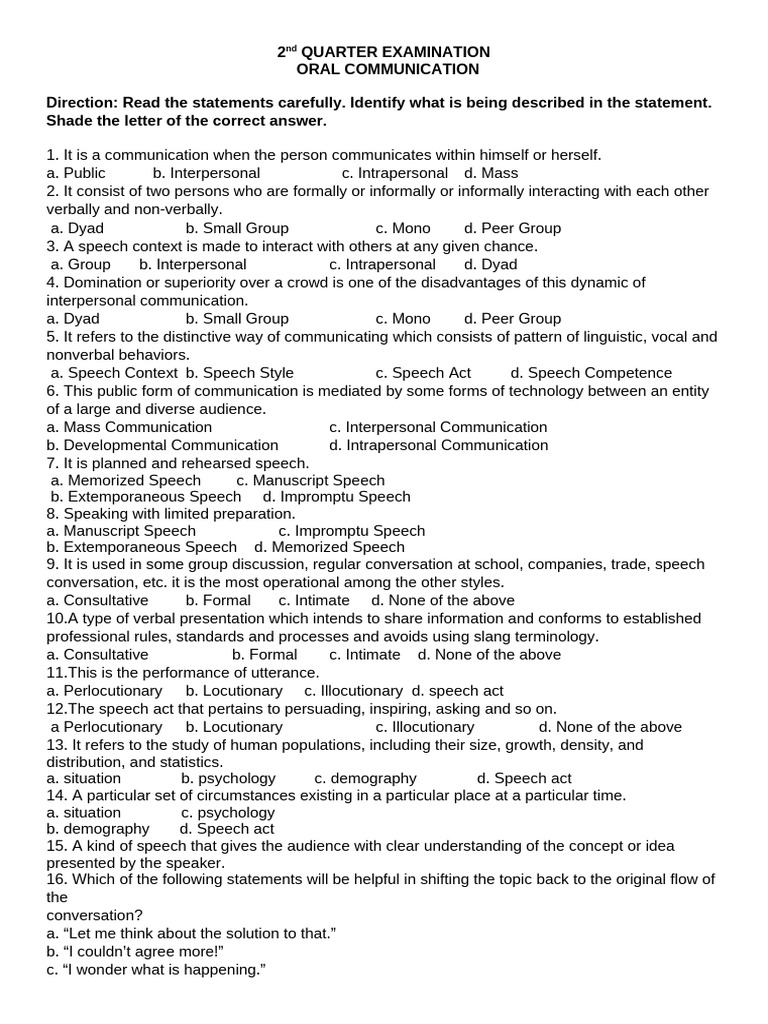 2nd Quarter Examination | PDF | Communication | Interpersonal Communication