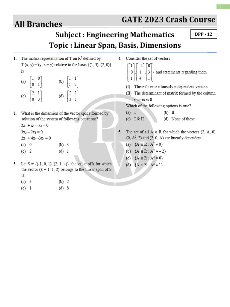 Linear Algebra - Vector Subspace - Span, Basis, Dimensions - DPP-12 | PDF | Linear Map | Vector ...