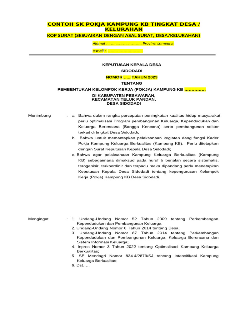 Contoh SK Pokja Kampung KB Tingkat Desa-Kelurahan - Edit | PDF