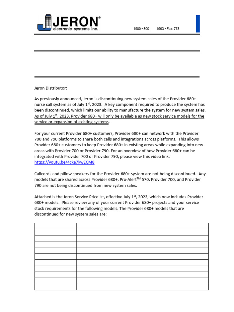 Jeron Memo - End of New Provider 680+ System Sales - 6-6-23 | PDF ...