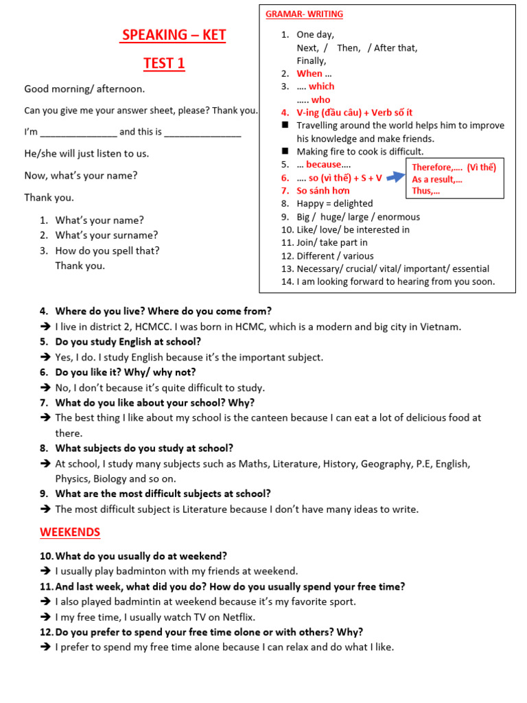 KET Speaking Test Practice Questions | PDF