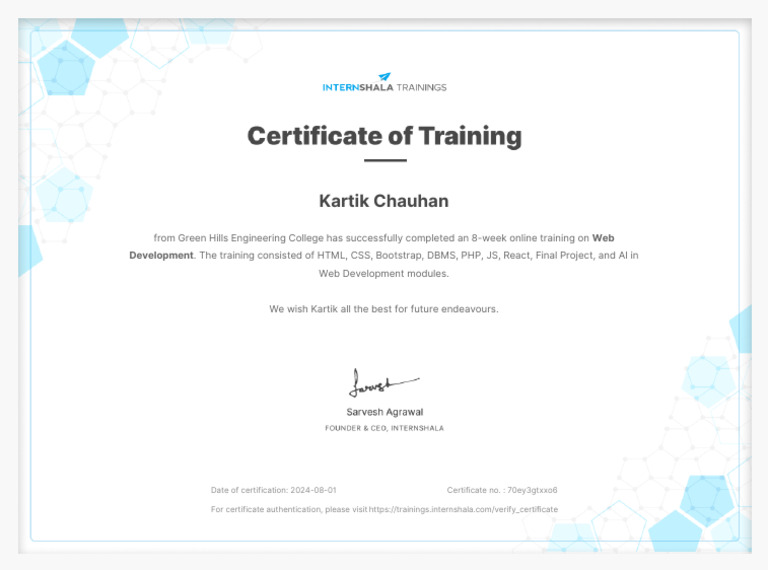 Web Development Training - Certificate of Completion | PDF