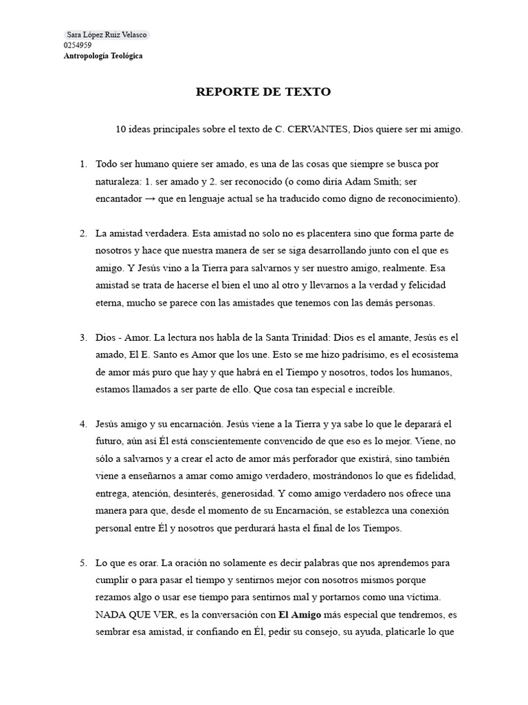 REPORTE de TEXTO Antropología Teológica 3er Parcial 5to Sem | PDF | Amor | Oración