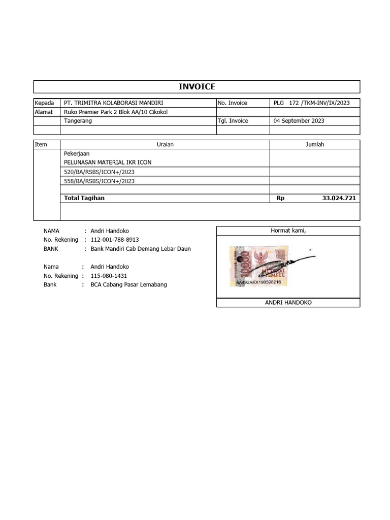 Invoice Pelunasan IKR BAPS 520 DAN 558 | PDF