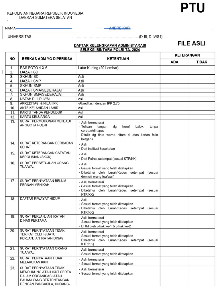 Ceklis Persyaratan Bintara Ptu Ta 2024 | PDF