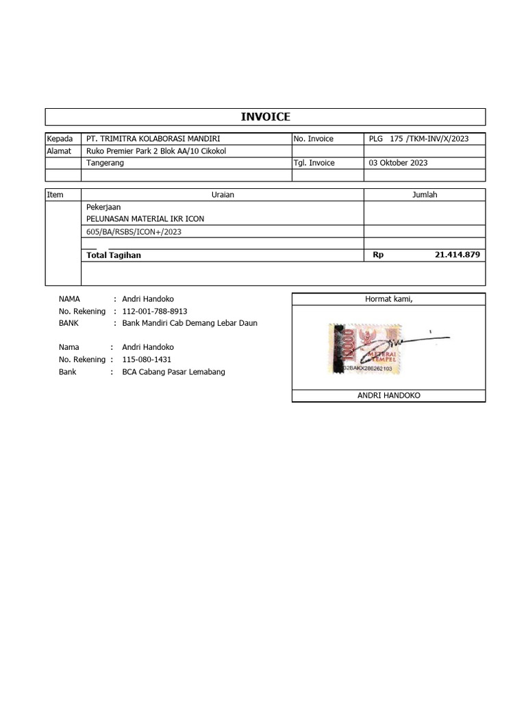 Invoice Pelunasan Material IKR BAPS 605 | PDF