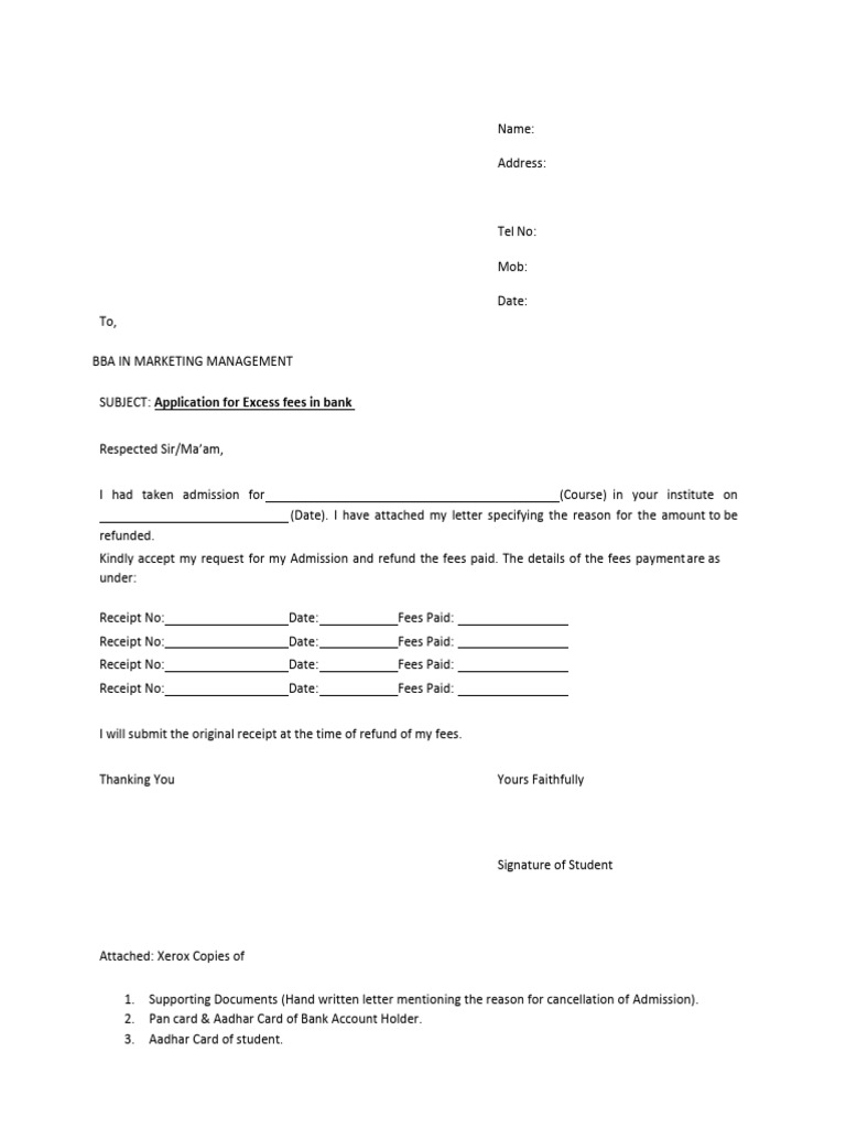 Application Form For Excess Fees ( | PDF