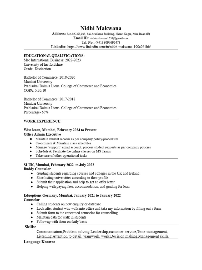 CV Nidhi Updated | PDF