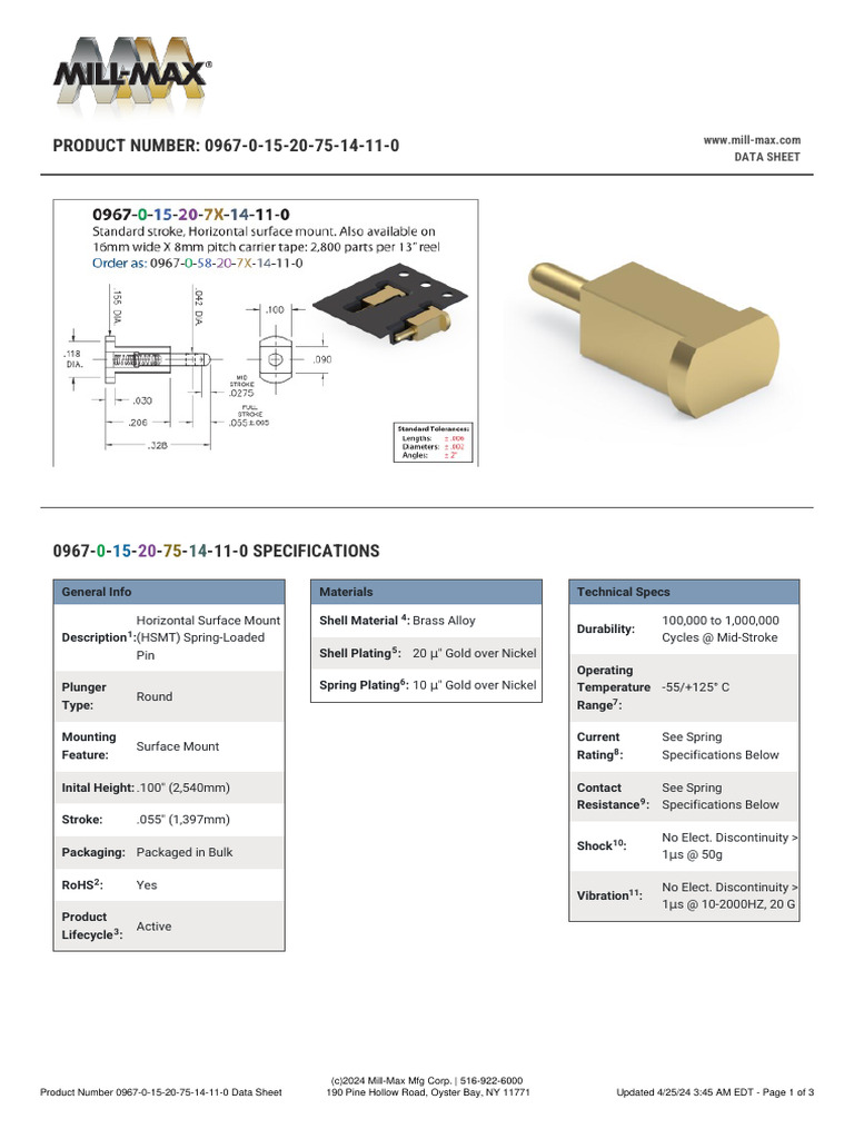 SMD Pin Spring - 0967-0-15-20-75-14-11-0 | PDF | Engineering Tolerance ...