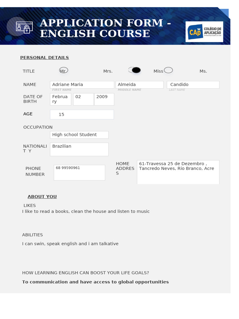 English Course Application Form | PDF