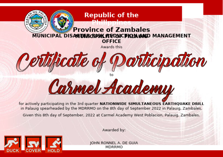 Palauig Earthquake Drill Participation Award | PDF