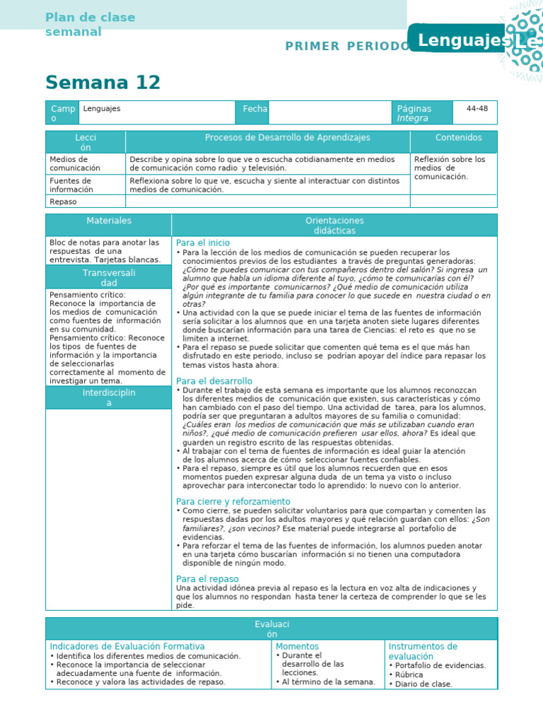 Picin1ri Planclase Semana12 | PDF | Comunicación | Medios de comunicación)