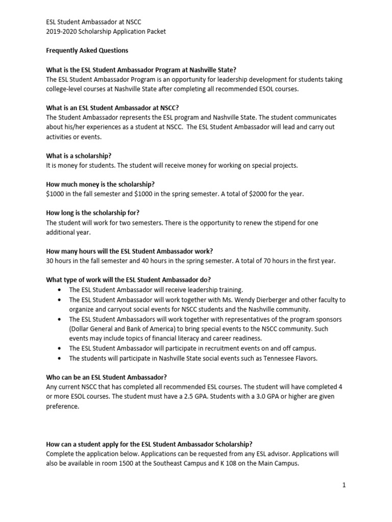 ESL Student Ambassador at NSCC FAQs - Spring2019 | PDF | English As A Second Or Foreign Language