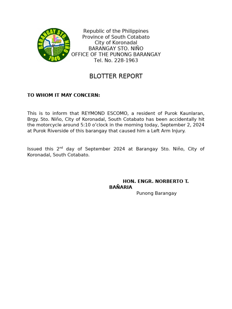 Koronadal Barangay Blotter Report: Injury | PDF