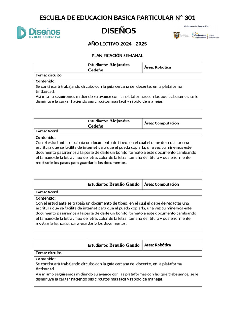 Planificación Semanal 2024-2025: Robótica y Computación | PDF ...