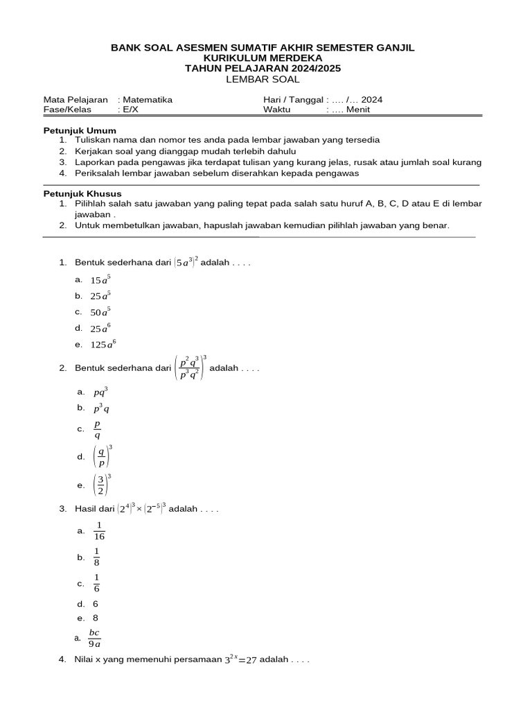 Matematika - Kelas X - Kurmer - Soal | PDF
