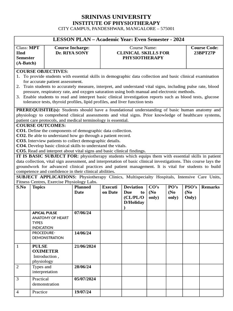 Basic Skills - Second Sem - Lesson Plan - Batch A | PDF | Physical ...