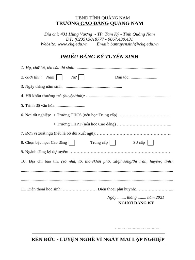 Phieu Dang Ky Tuyen Sinh 2021 Pdf