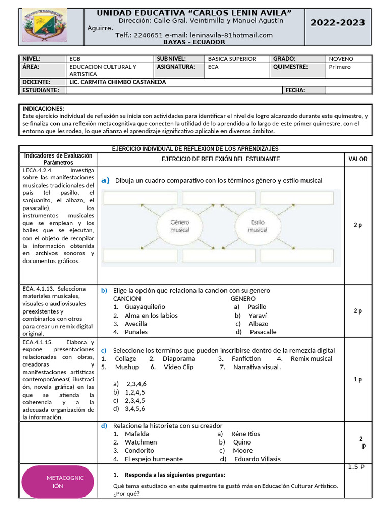 Examen I. Quimestral Eca. 9no. | PDF