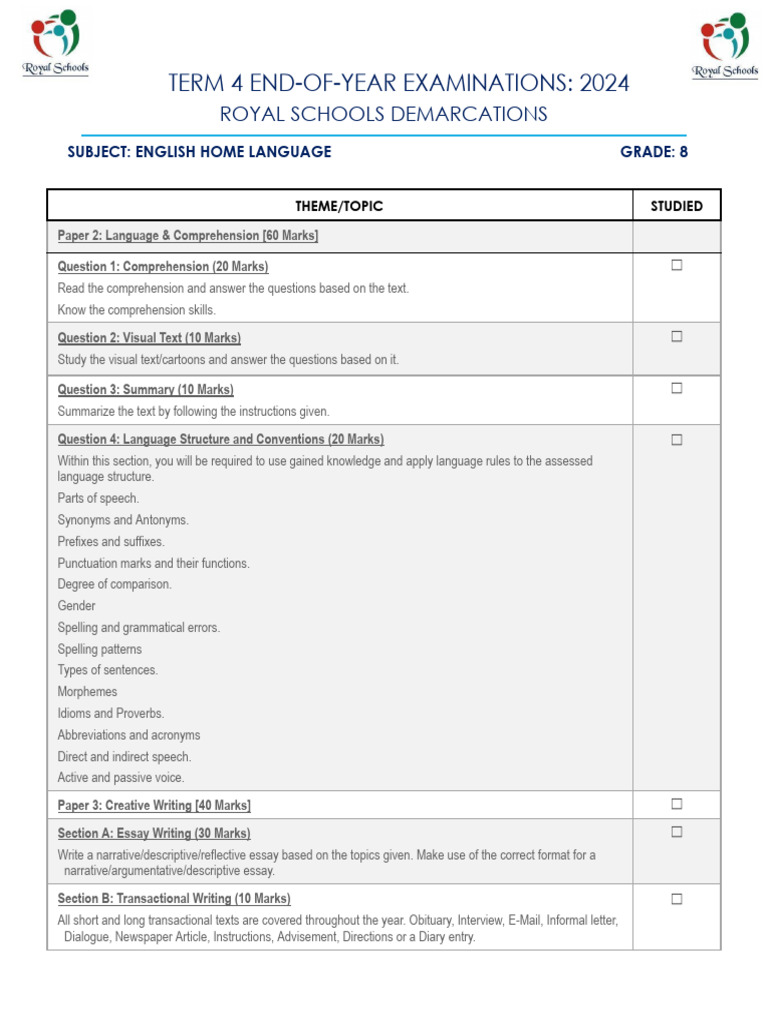 Grade 8 - Term 4 Royal Schools Demarcation EOY EXAMS | PDF | Geometry ...