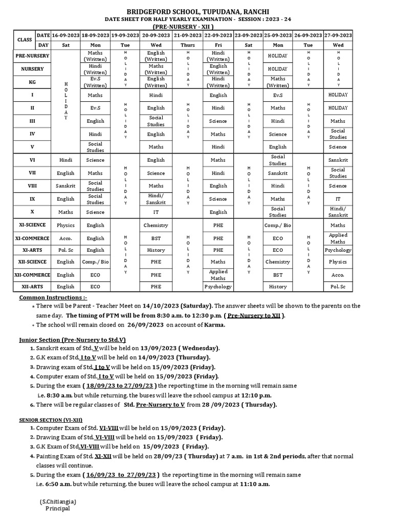 Date Sheet For Half Yearly Exam - 2023-24 | PDF | Science