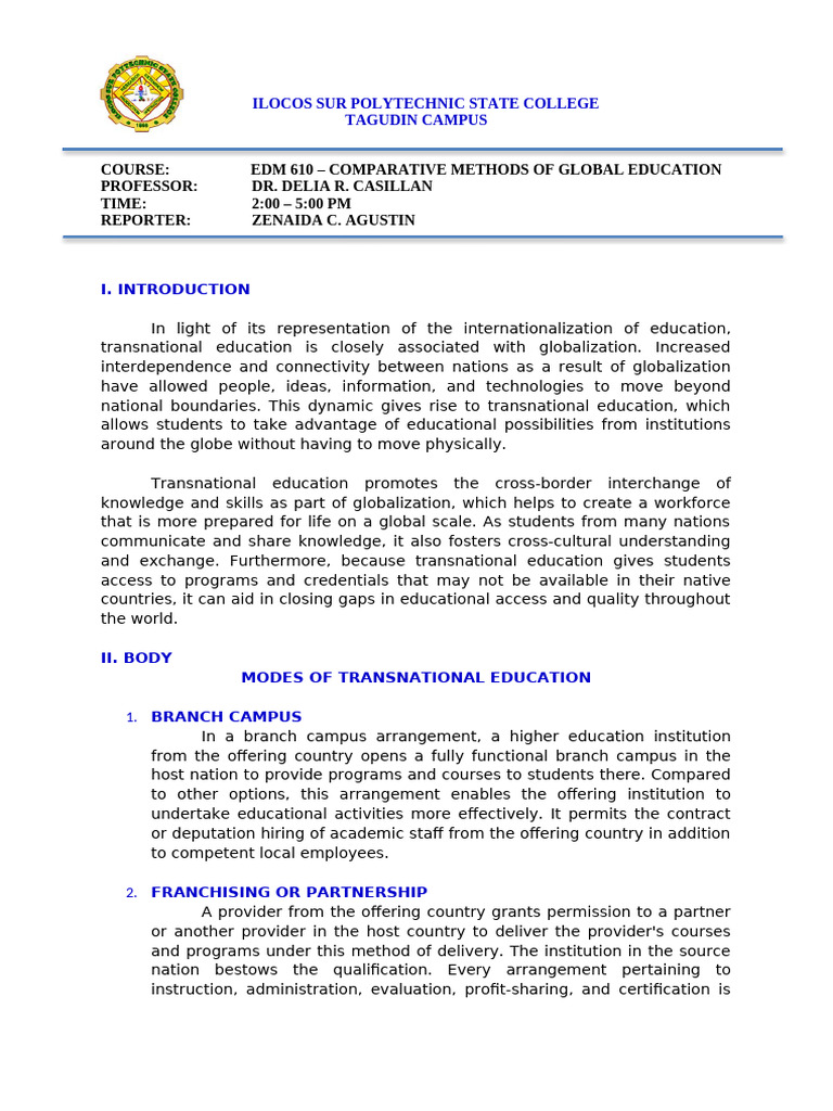 EDM 610 TRANSNATIONAL EDUCATION - Zenaida C Agustin | PDF | Educational ...