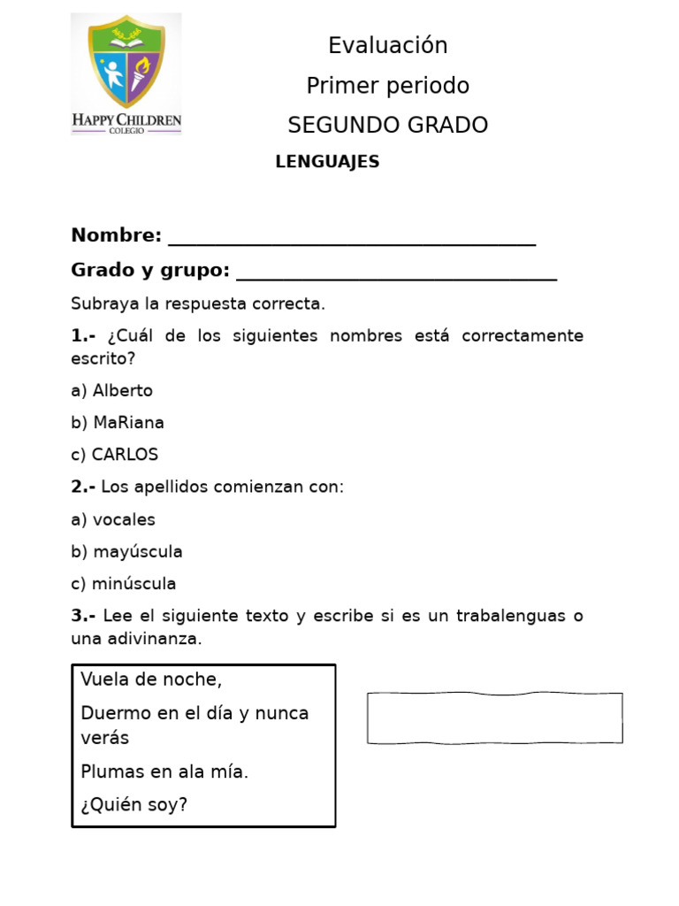 Evaluación 2DO GRADO EXAMEN | PDF