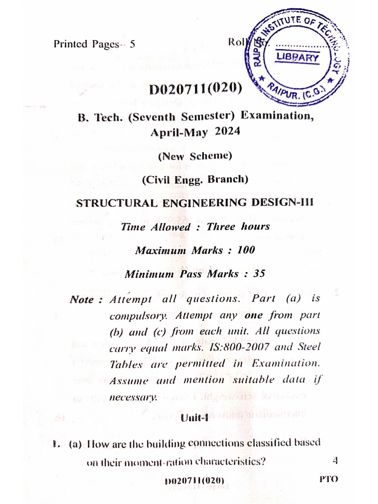2024 Structural Engg. Design III - Apr-May (AICTE) | PDF