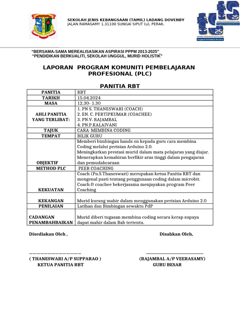 Laporan PLC Panitia RBT 2024 | PDF