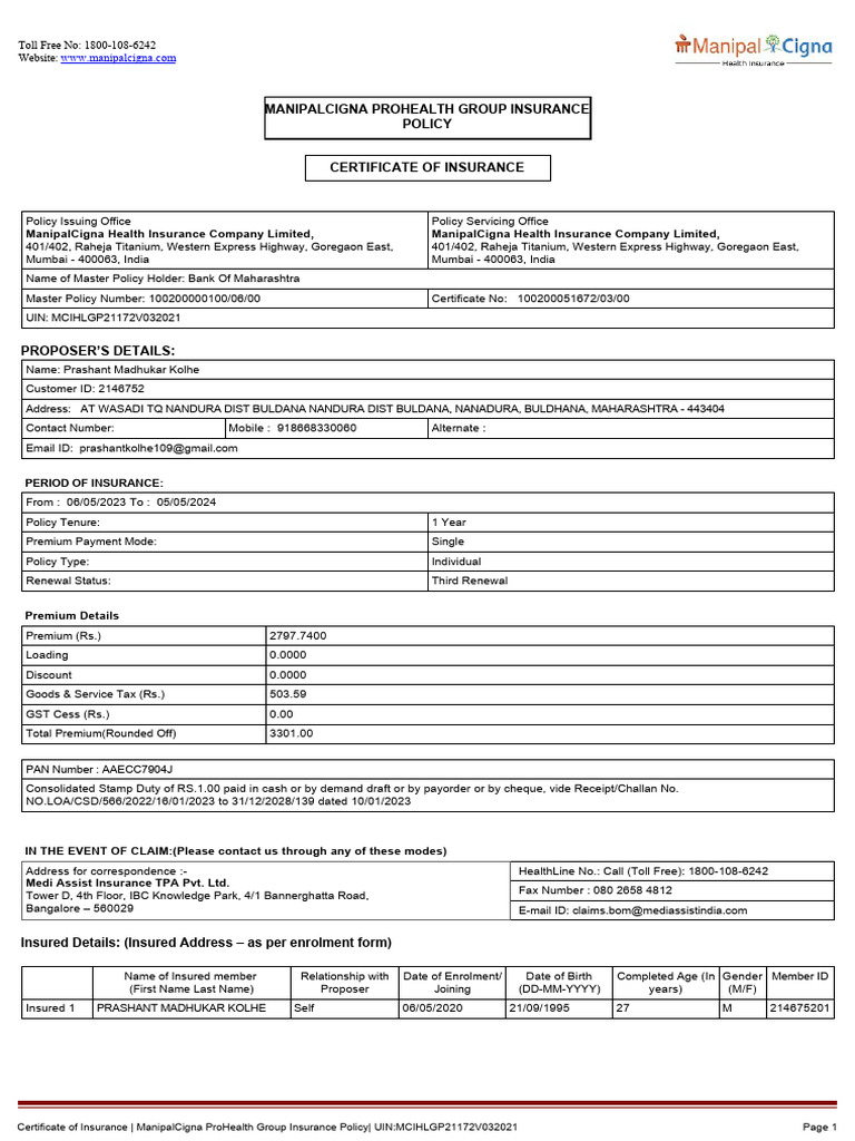 ProHealth Insurance Certificate | PDF | Insurance