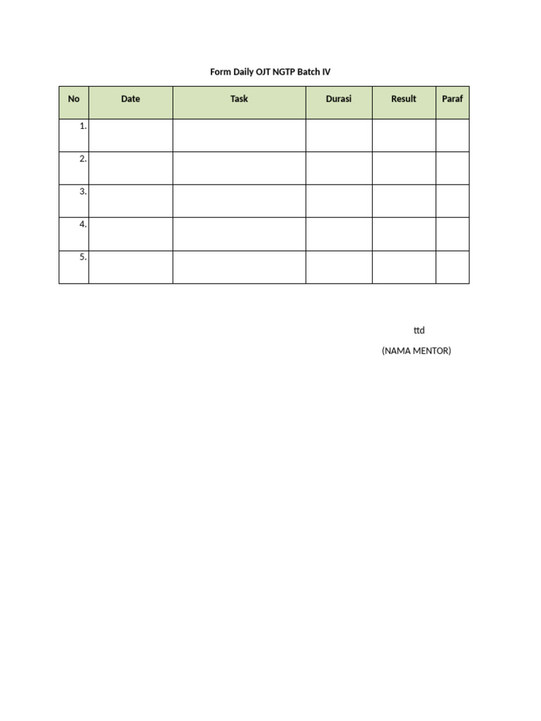 Form Daily Ojt NGTP Batch IV | PDF