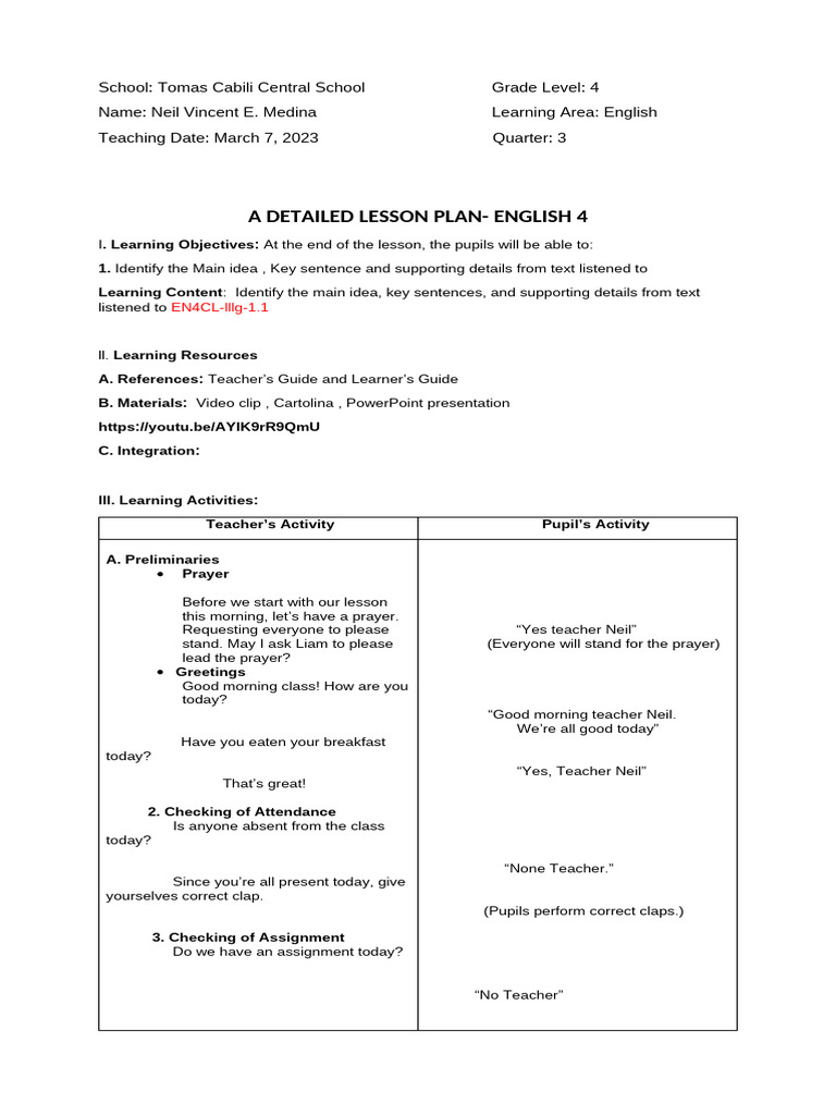Detailed Lesson Plan in Grade 4 English q3 w4 | PDF | Lesson Plan ...