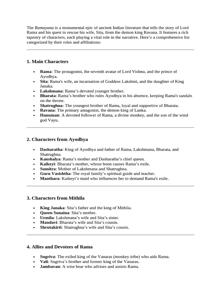 Ramayana Character Overview List | PDF | Sita | Rama