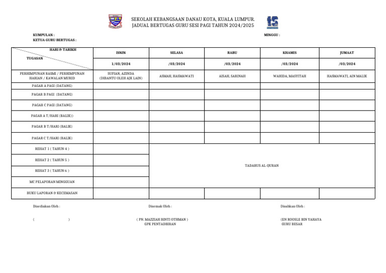 Jadual Bertugas Mingguan Kump | PDF