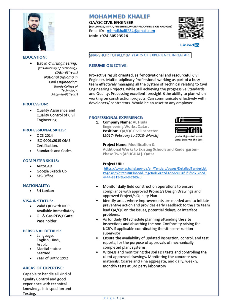 QA/QC Civil Engineer with 7 Years in Qatar | PDF | Quality Assurance ...