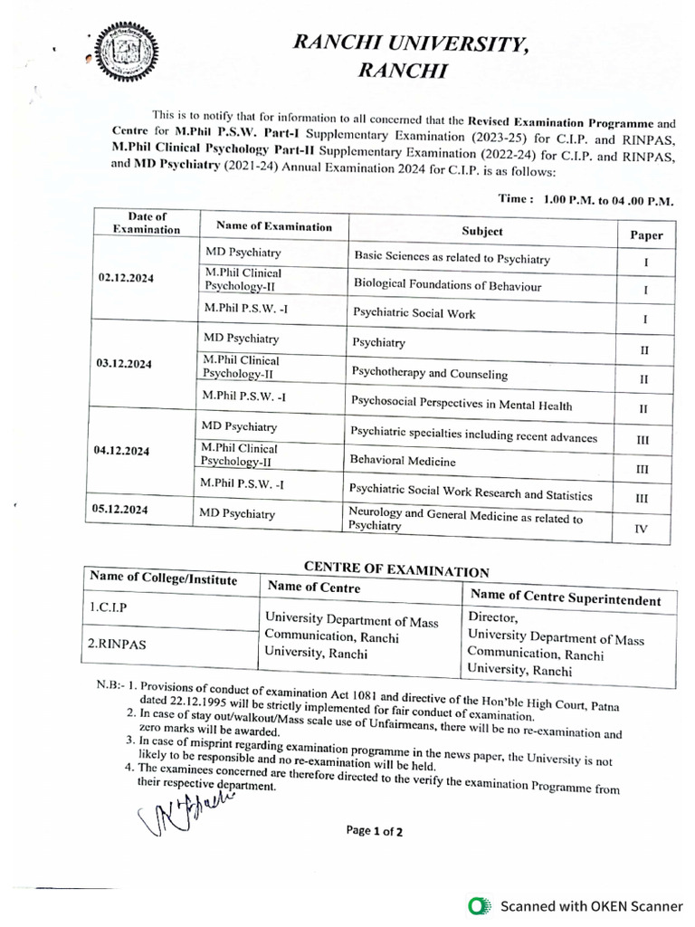 Revised Examination Programme & Centre For MPhil - 241112 - 073147 | PDF