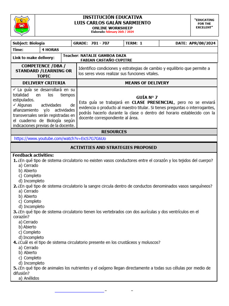 2024 701 Bio Act 7 Circulacion en Humanos | PDF | Corazón | Sistema ...