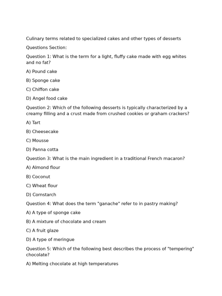 Dessert and Cake Terminology Quiz | PDF | Desserts | Cakes