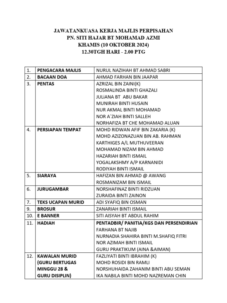 Jawatankuasa Kerja Majlis Perpisahan CG Hajar-1 | PDF
