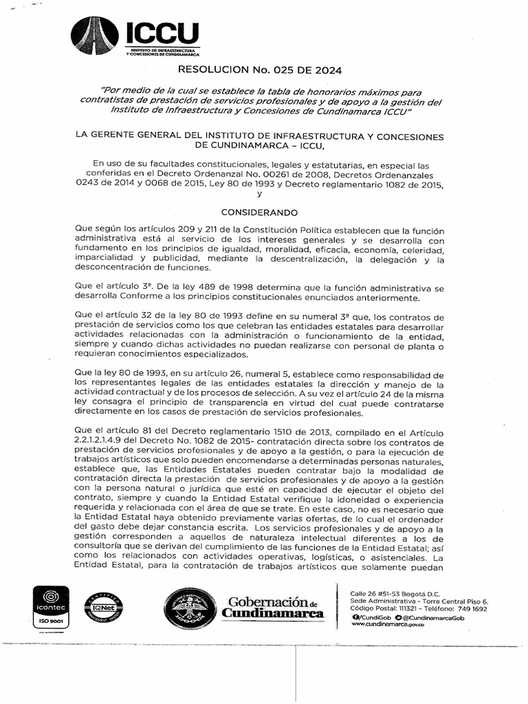 Resolucion No. ICCU-025 de 2024 - Por Medio de La Cual Se Establece Tabla de Honorarios | PDF