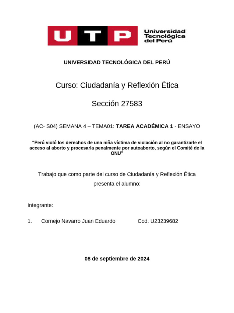 Ac - S04 Semana 4 - Tema01 Tarea Académica 1 - Ensayo | PDF | Violación | Aborto