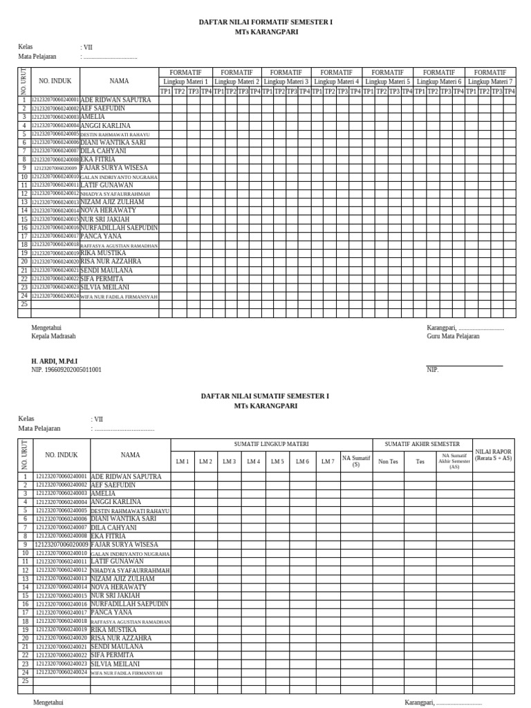 Daftar Nilai Formatif MTs Karangpari | PDF