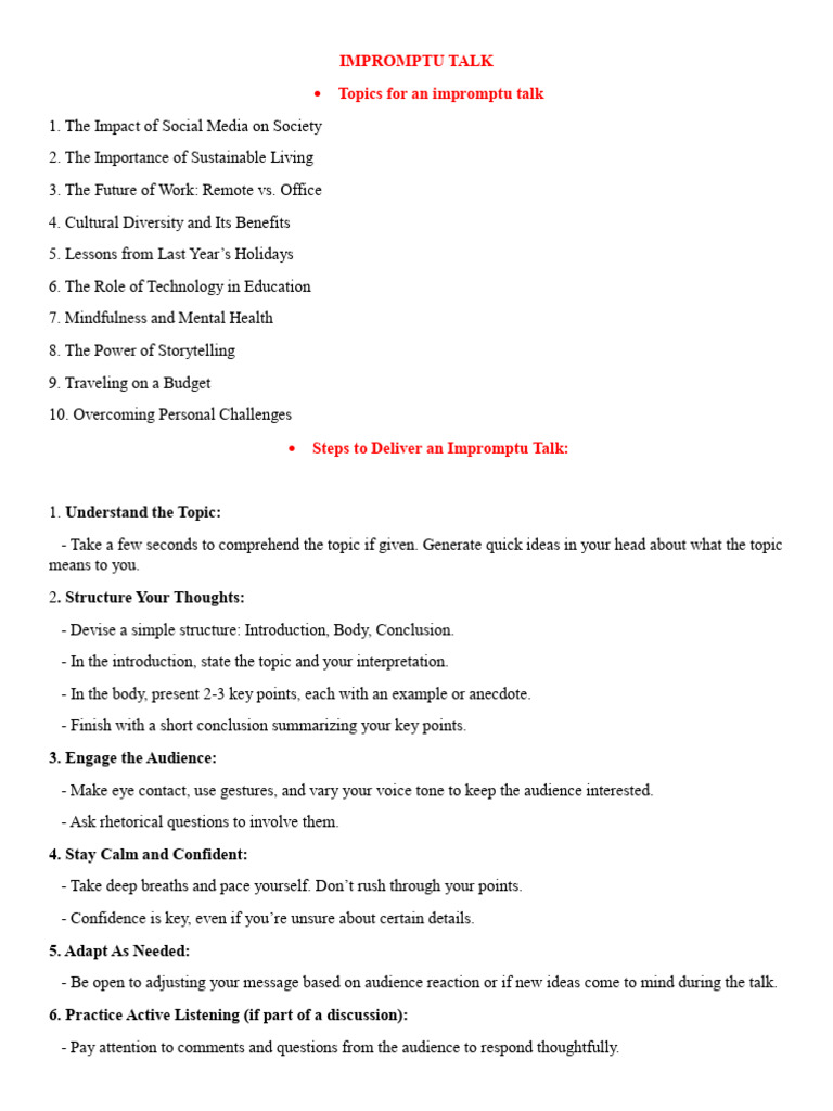 Steps For An Impromptu Talk | PDF