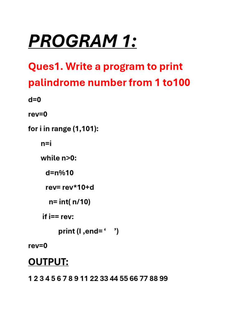 Program 1:: Ques1. Write A Program To Print Palindrome Number From 1 ...