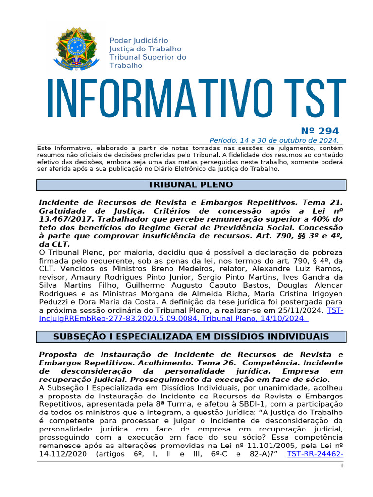 Informativo TST: Decisões de Outubro 2024 | PDF | Sindicato | Indenização