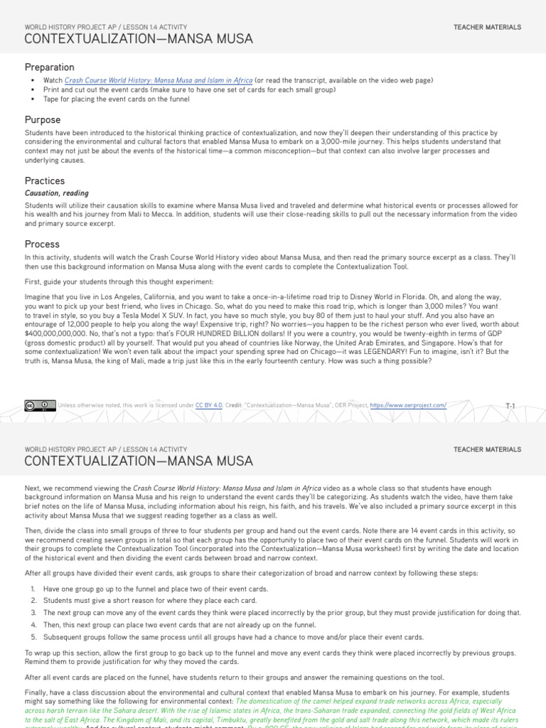 WHPAP 143 Activity Contextualization Mansa Musa Teacher | PDF | Mecca
