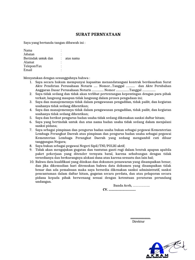 Surat Pernyataan - Cv. Akram DCG | PDF