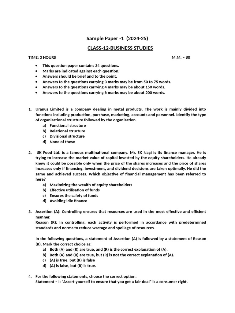 BST - 12th - Sample - Paper 1 | PDF | Capital (Economics) | Fixed Capital